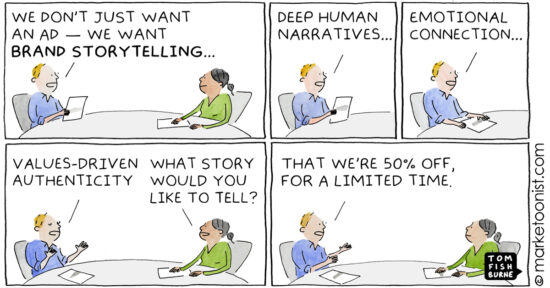 Brand Storytelling, Showmanship, and Salesmanship cartoon- Marketoonist ...